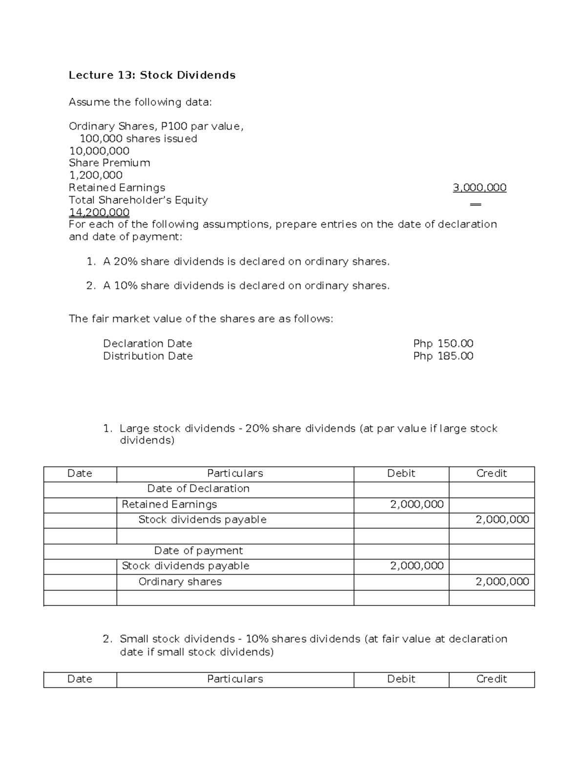 Lecture 13 - corporation - Lecture 13: Stock Dividends Assume the ...