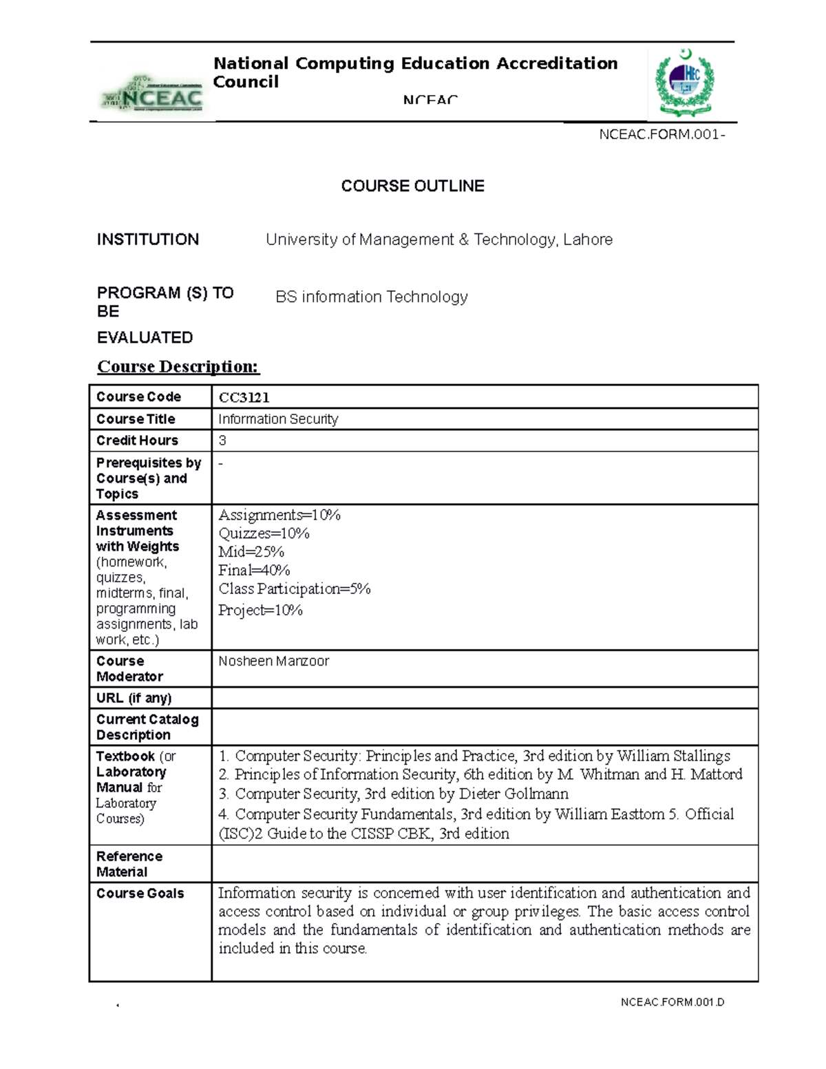 OBE- Outline-Information Security - COURSE OUTLINE INSTITUTION University of Management & - Studocu