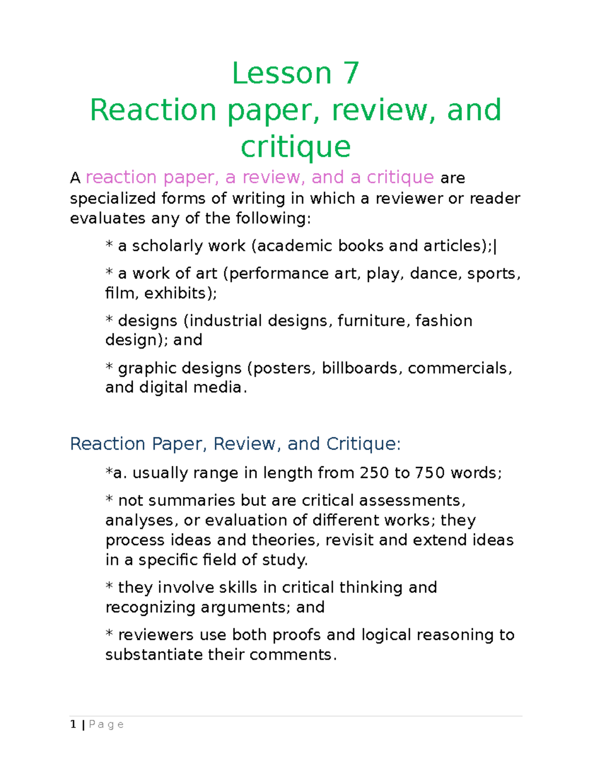 Lesson 7 - Lesson 7 Reaction paper, review, and critique A reaction ...