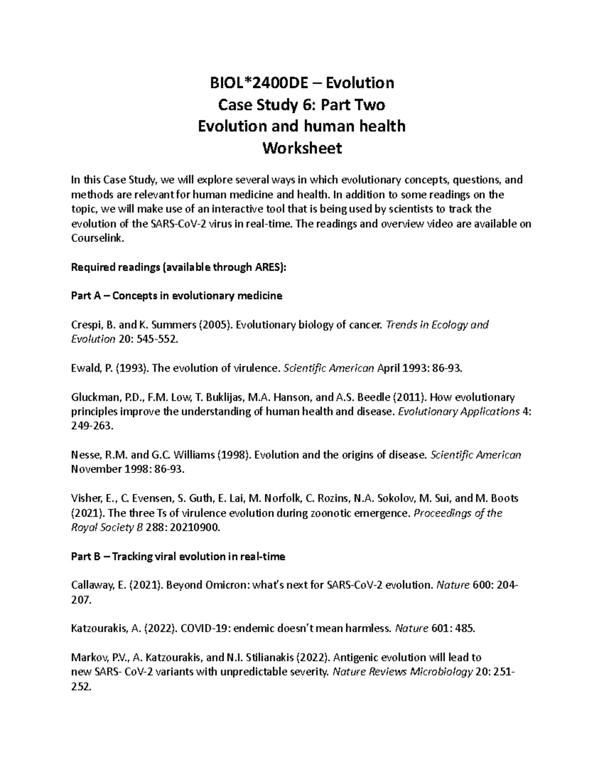 Case Study 6 Part Two worksheet - BIOL*2400DE – Evolution Case Study 6 ...