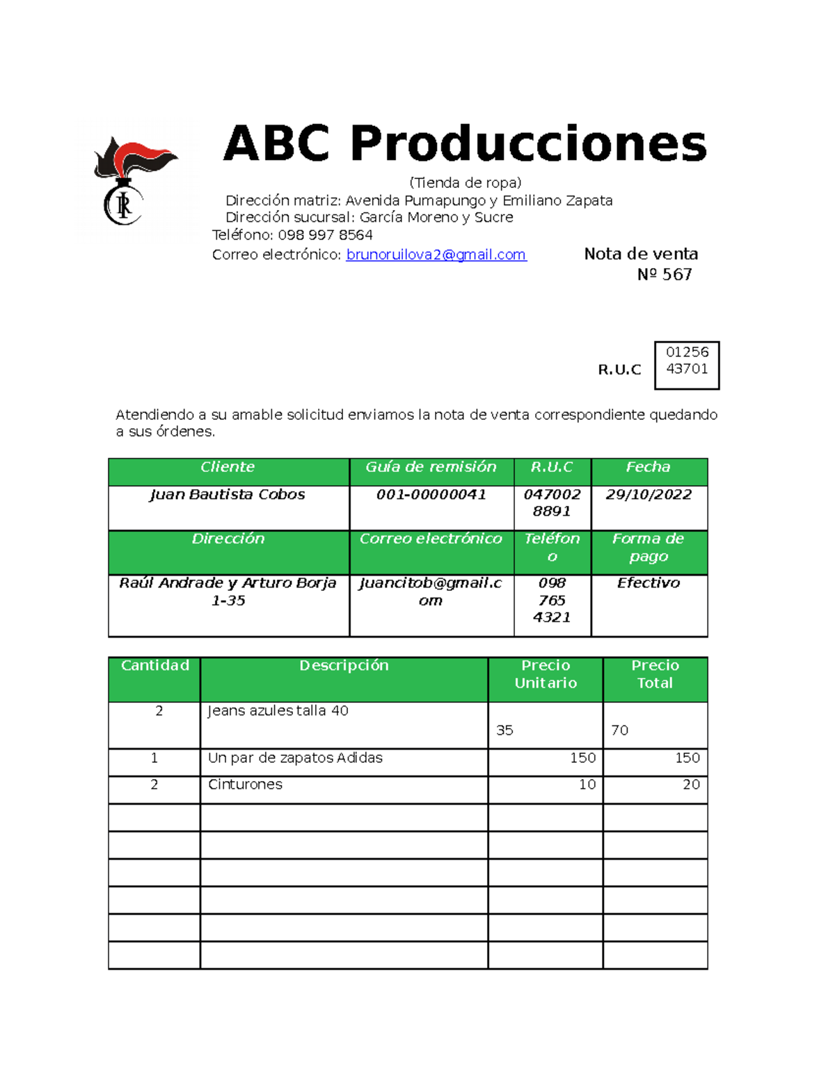 Nota de venta - uwu - ABC Producciones (Tienda de ropa) Dirección ...