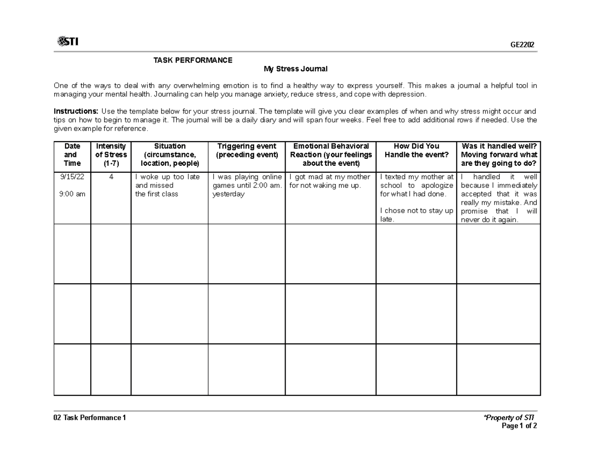 02 Task Performance 1 - TASK PERFORMANCE My Stress Journal One of the ...