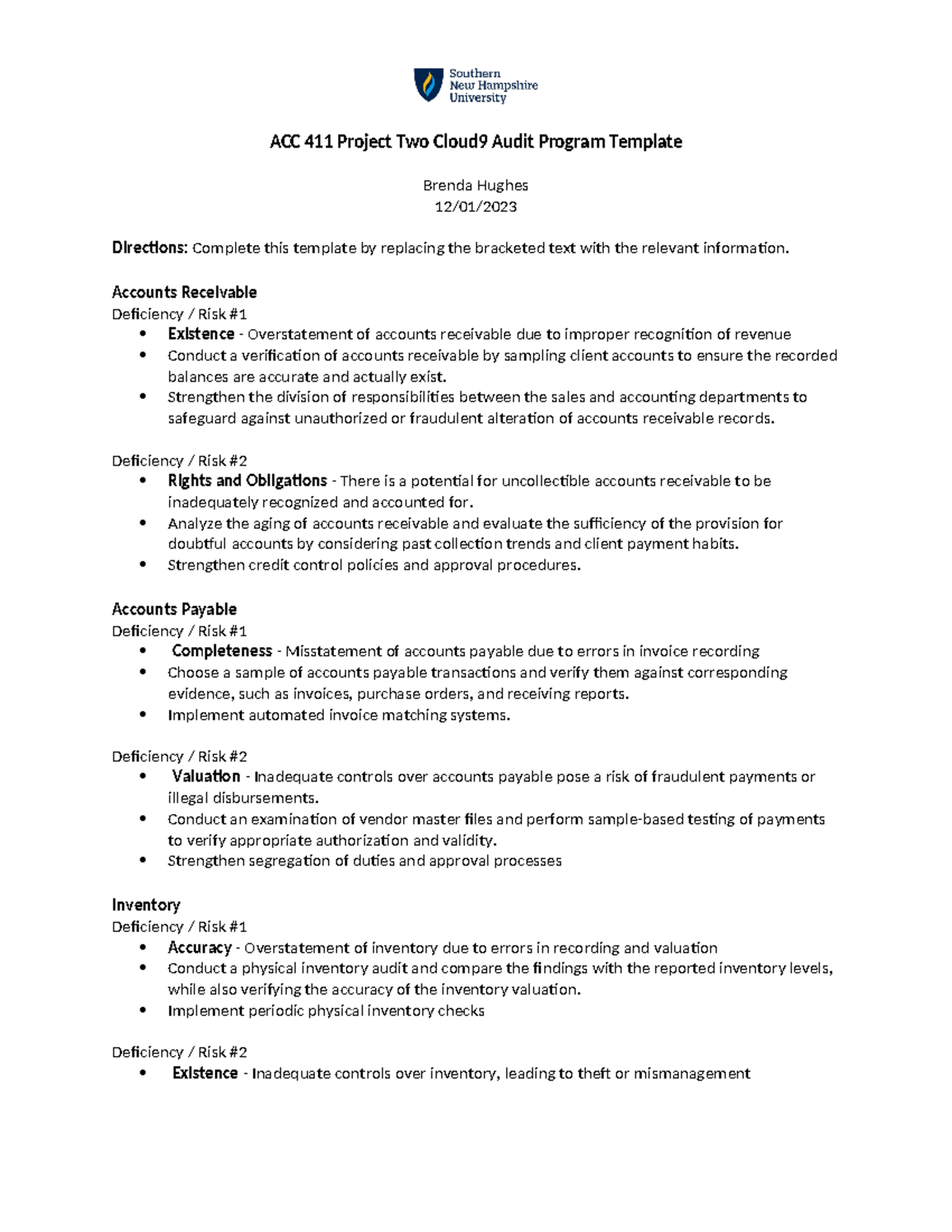 ACC 411 Project Two Cloud 9 Audit Program Template - ACC 411 Project ...