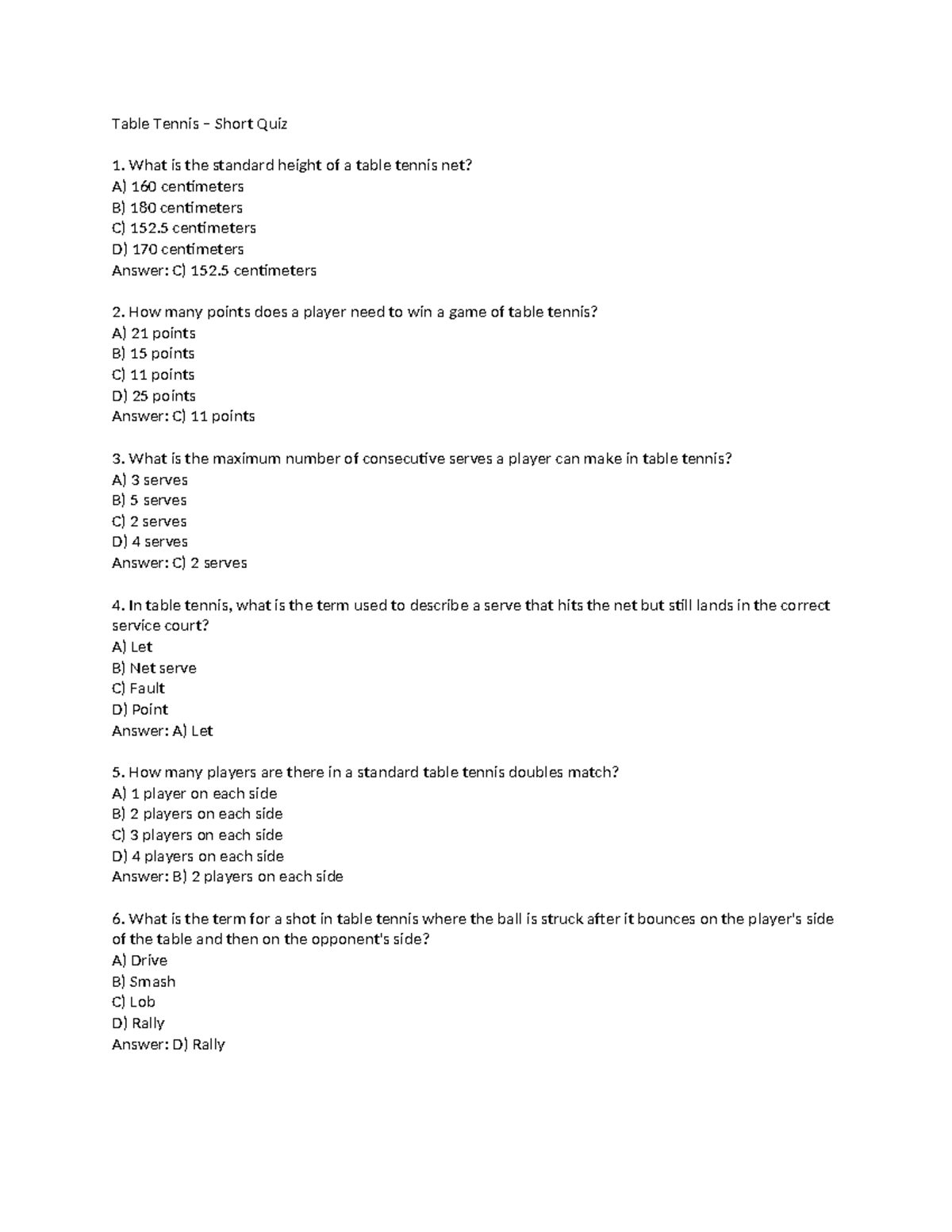 Table Tennis -short quiz - Table Tennis – Short Quiz What is the ...