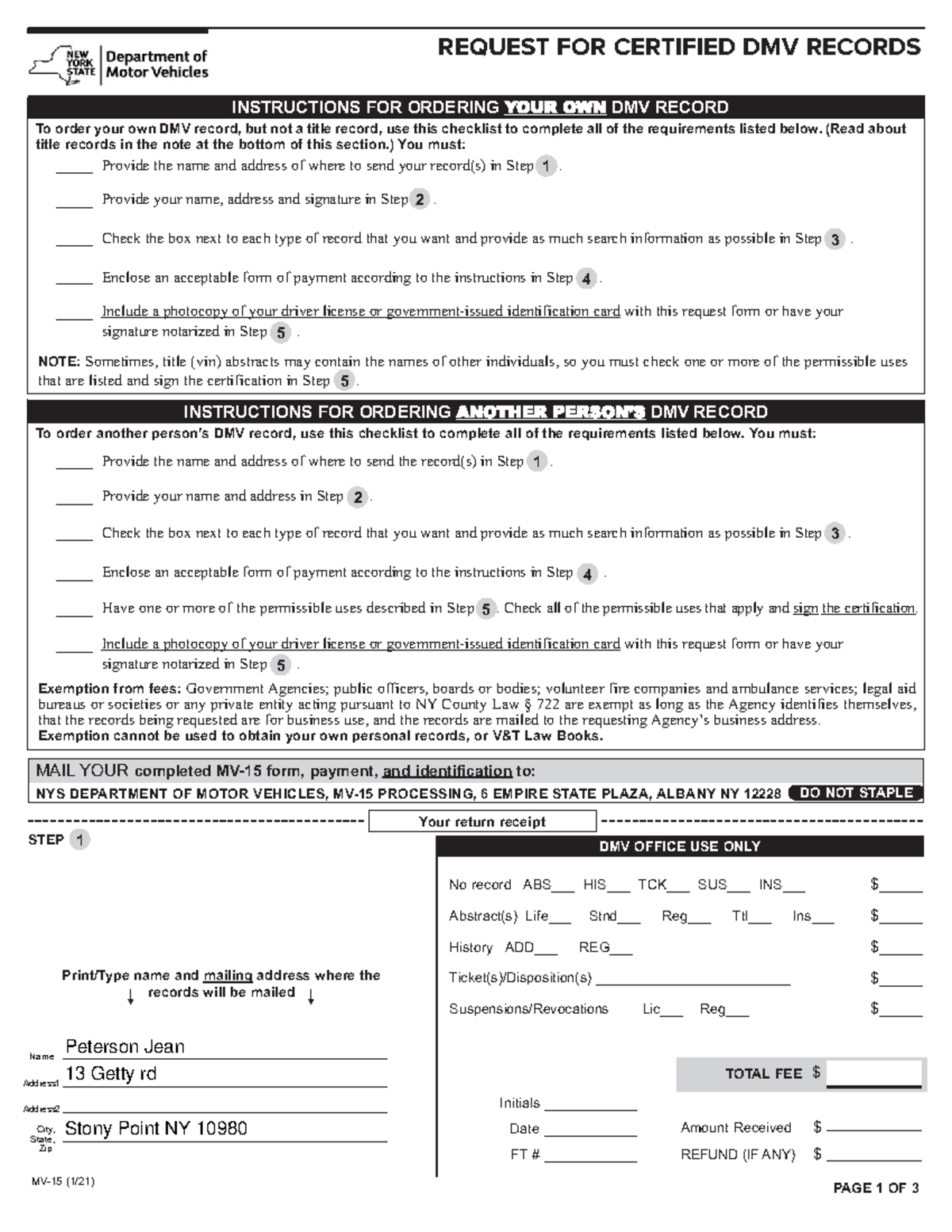 Request for Certified DMV Records - Check the box next to each type of ...