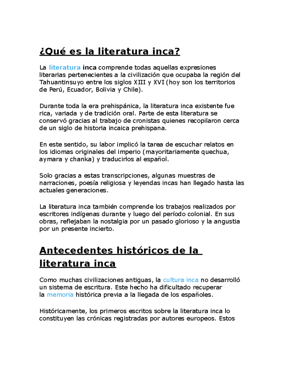 Literatura Inca - Apuntes 1 - ¿Qué es la literatura inca? La literatura ...