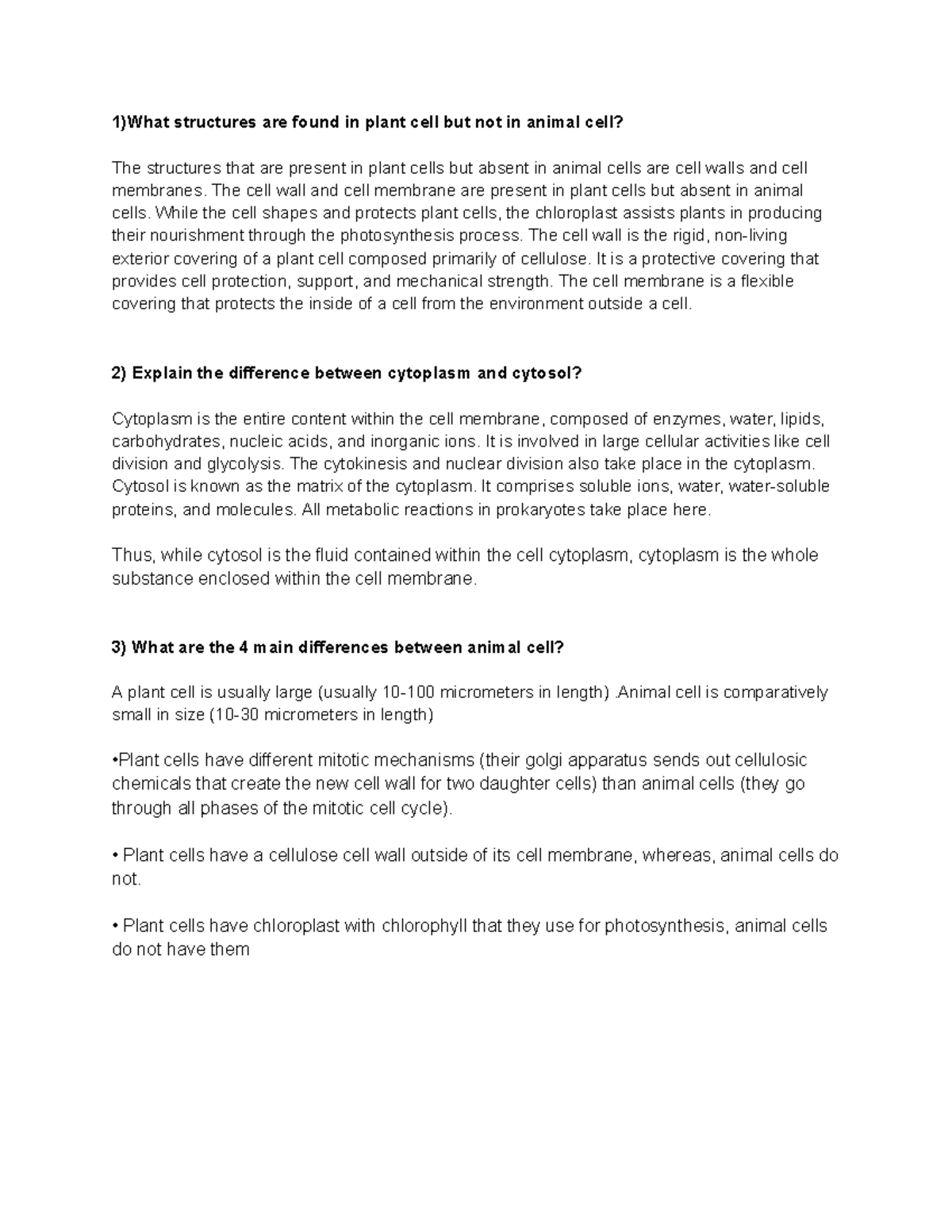 Biochem lab - 1)What structures are found in plant cell but not in ...