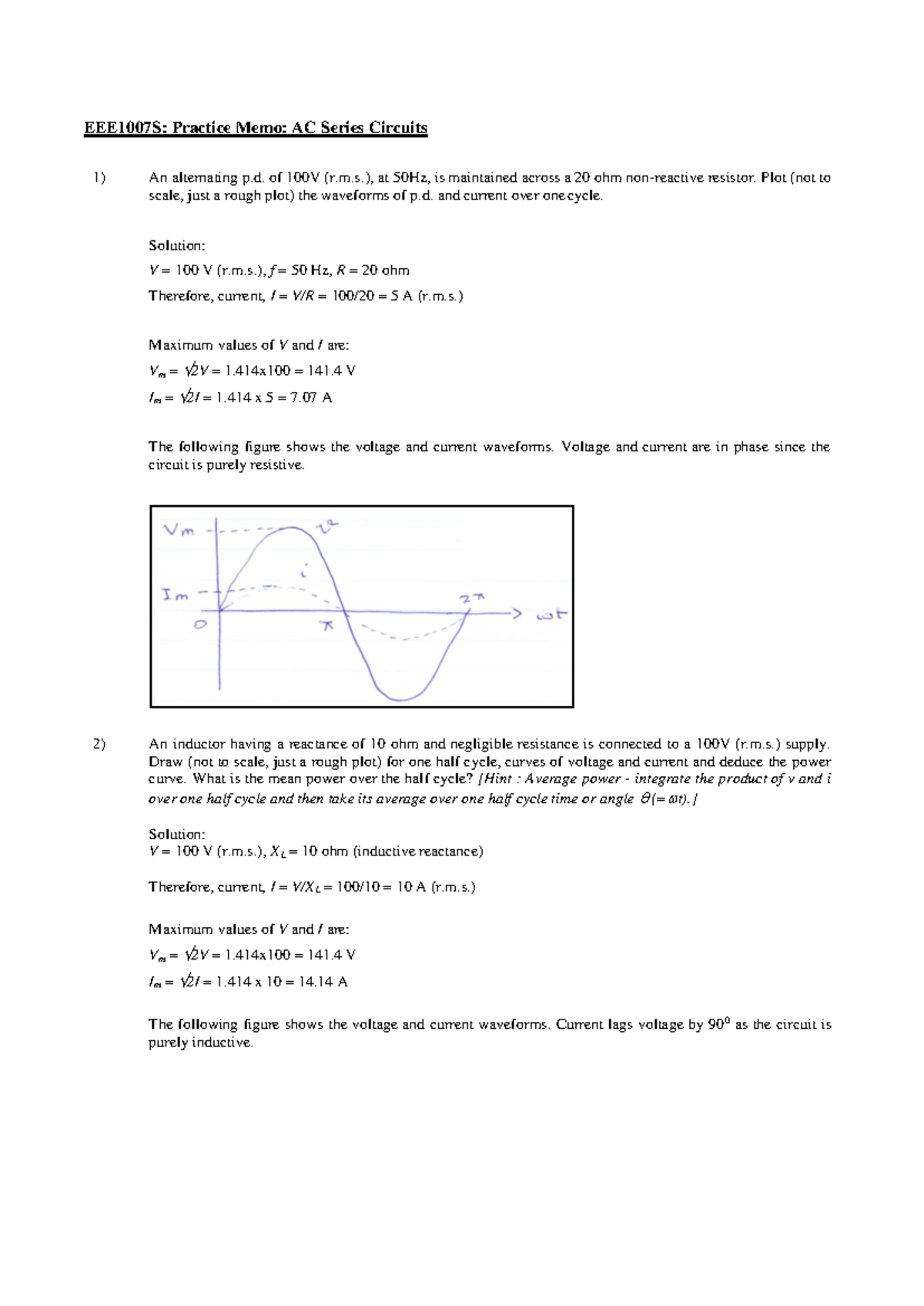 EEE1007S+2021+Practice +Week+1 0+Memo+AC+Series+Circuits - EEE1007S: Practice Memo: AC Series ...