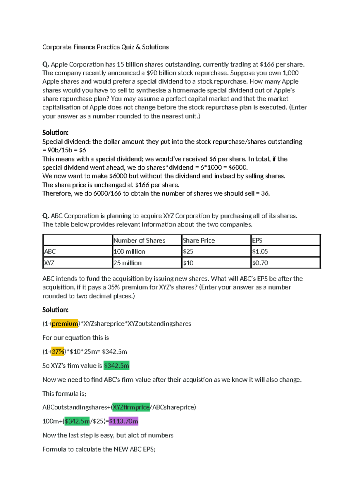 Corporate Finance Practice Quiz - Apple Corporation has 15 billion ...