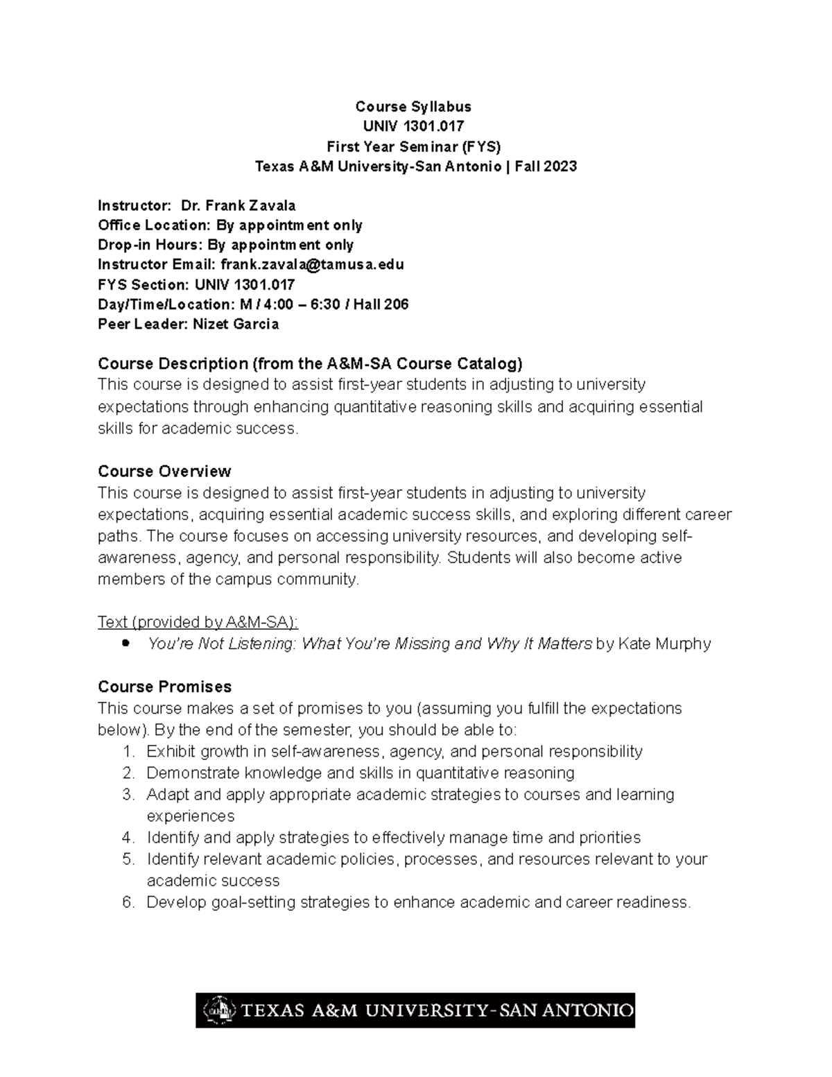 FYS Fall 2023 M - FYS Syllabus - Course Syllabus UNIV 1301. First Year ...