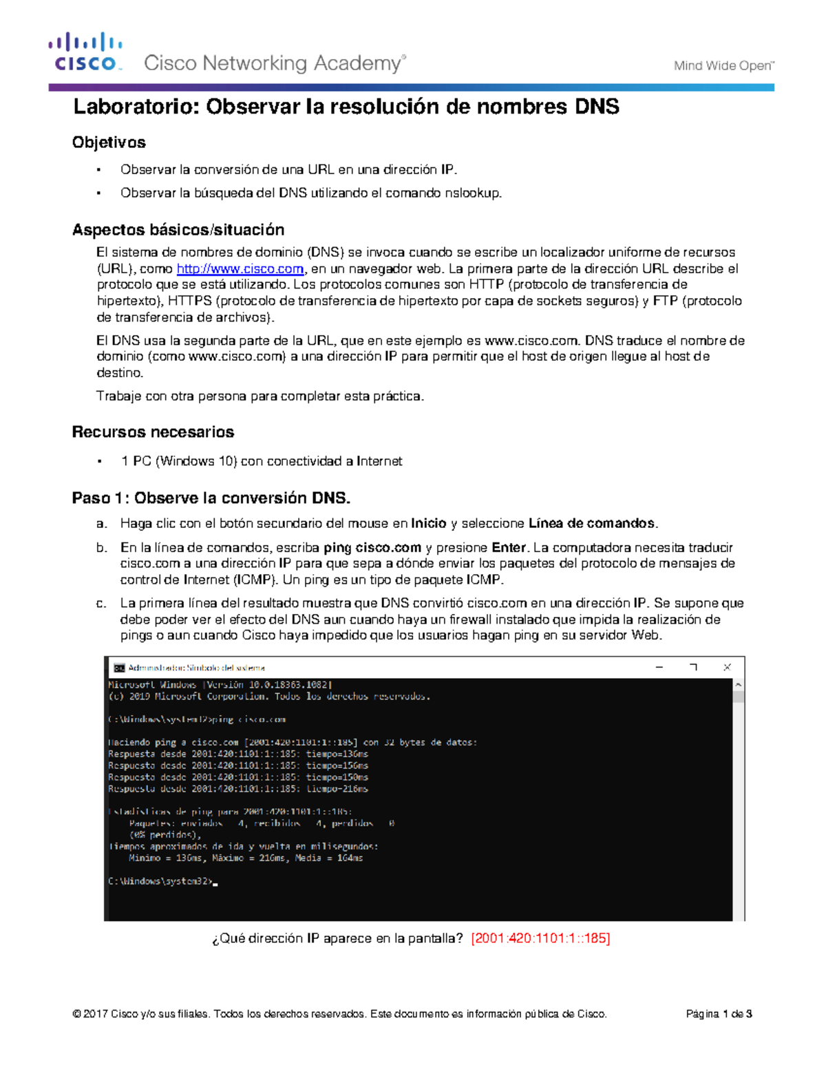 5.3.1.3 Lab - Observing DNS Name Resolution - © 2017 Cisco y/o sus filiales. Todos los derechos ...