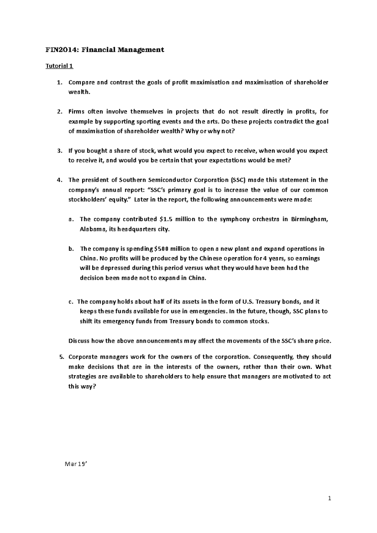 Tutorial 1-Qs(11) - FIN2014: Financial Management Tutorial 1 1. Compare ...