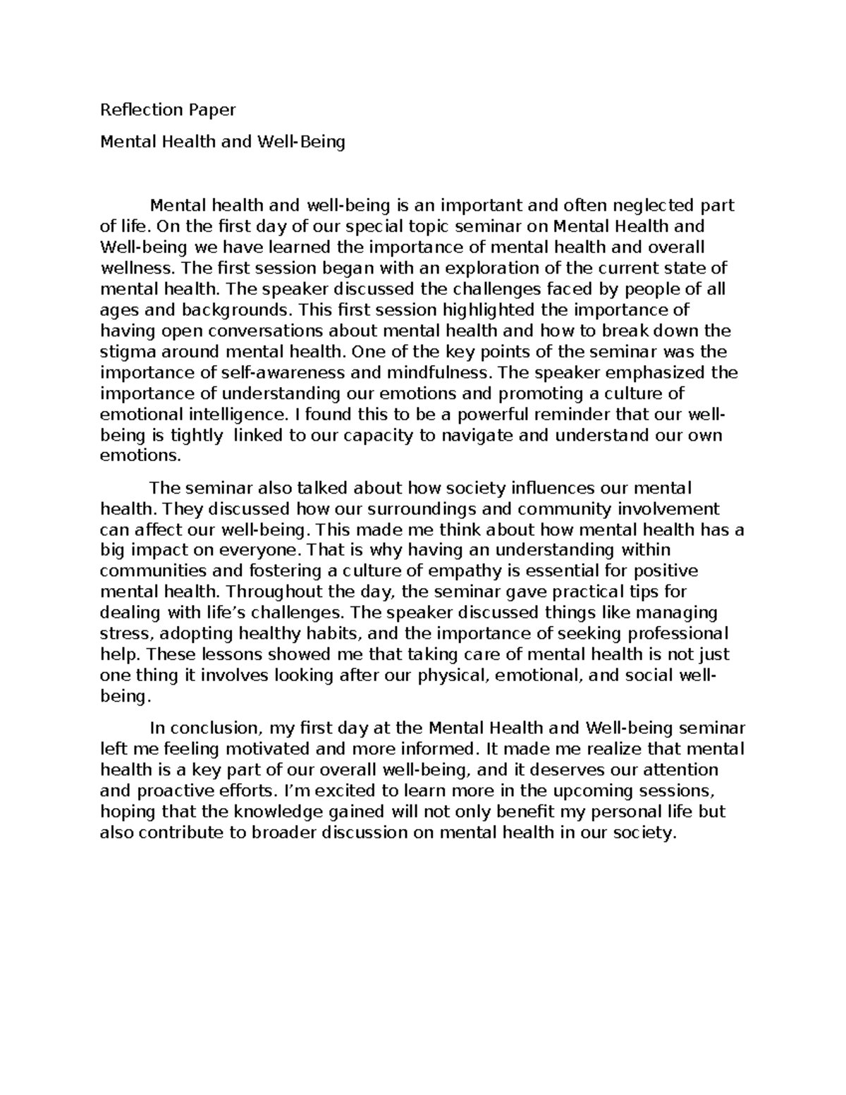 Mental Health and Well-Being REF - Reflection Paper Mental Health and ...