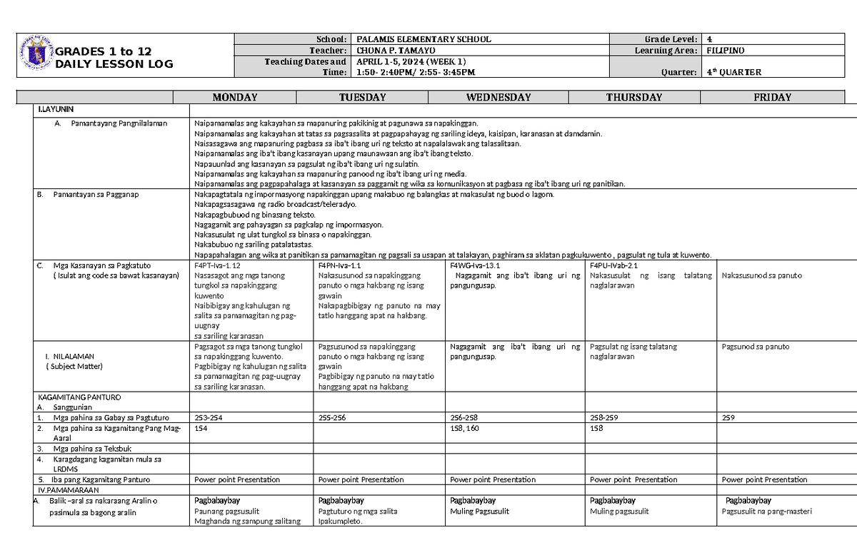 DLL Filipino 4 Q4 W1 - GRADES 1 to 12 DAILY LESSON LOG School: PALAMIS ...