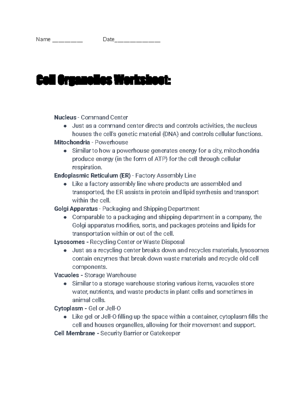 Cell Organelles Analogies Worksheet Answers - Name __________ Date ...