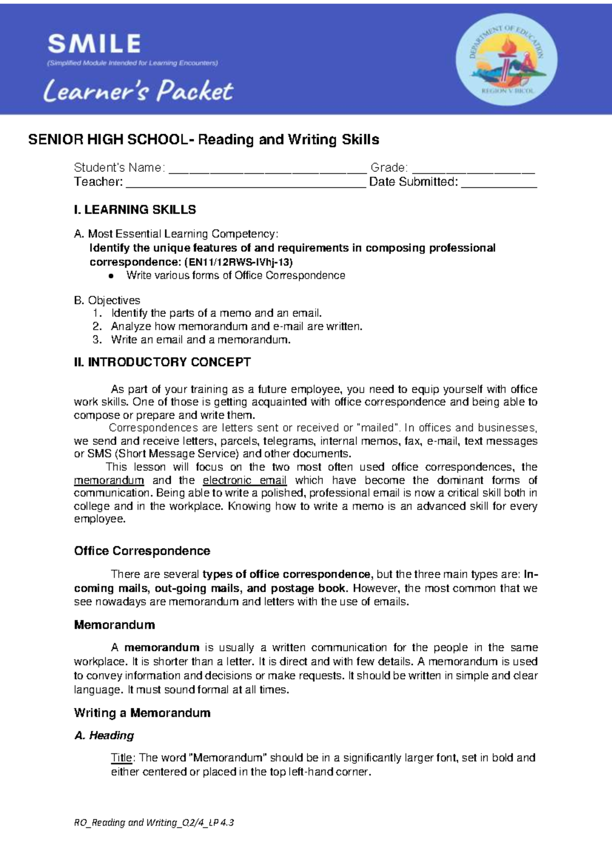 Reading and Writing - RO_Reading and Writing_Q2/4_LP 4. Student’s Name ...
