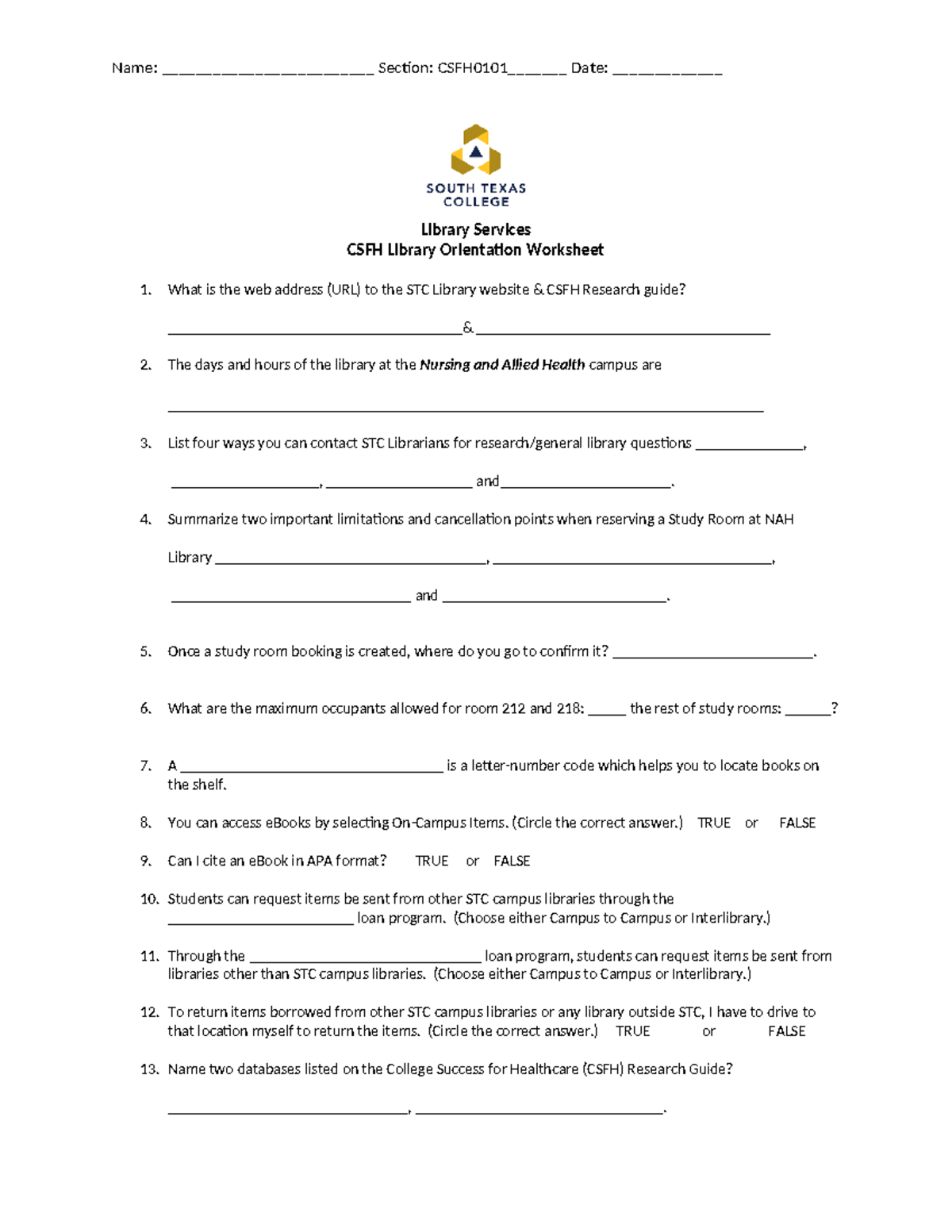 NAH Library Orientation Worksheet - What is the web address (URL) to ...