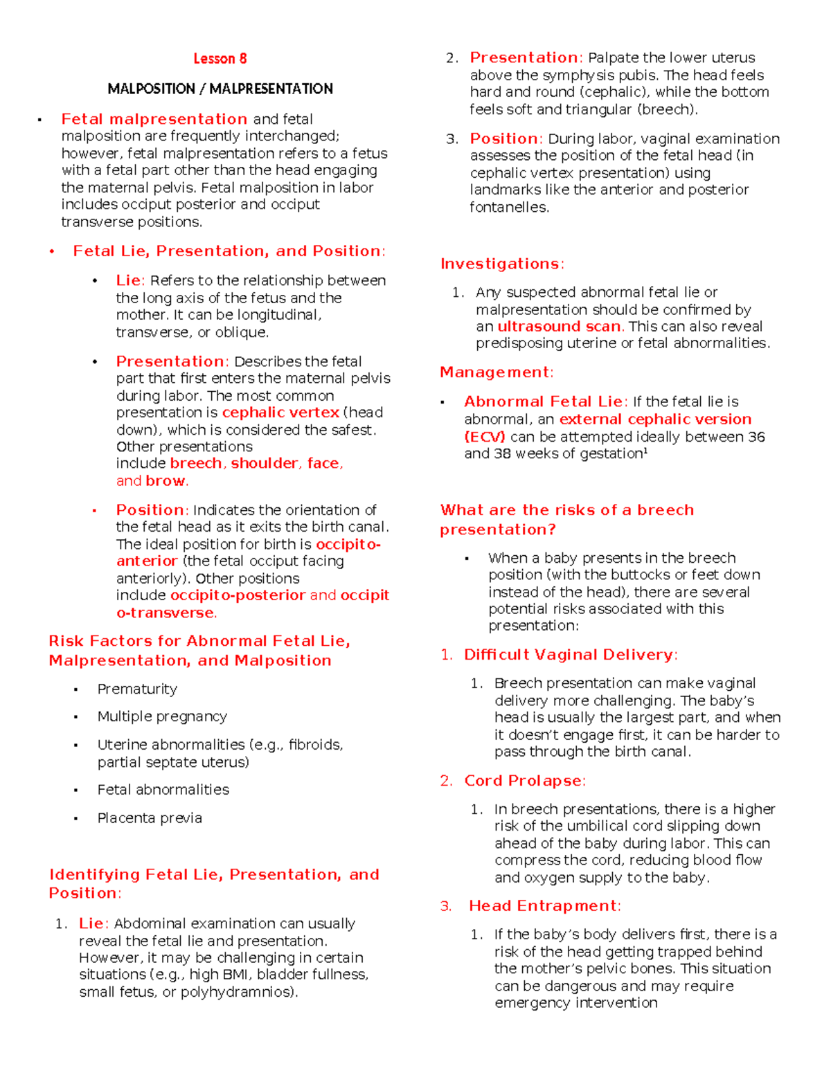 1 - notes - Lesson 8 MALPOSITION / MALPRESENTATION • Fetal ...