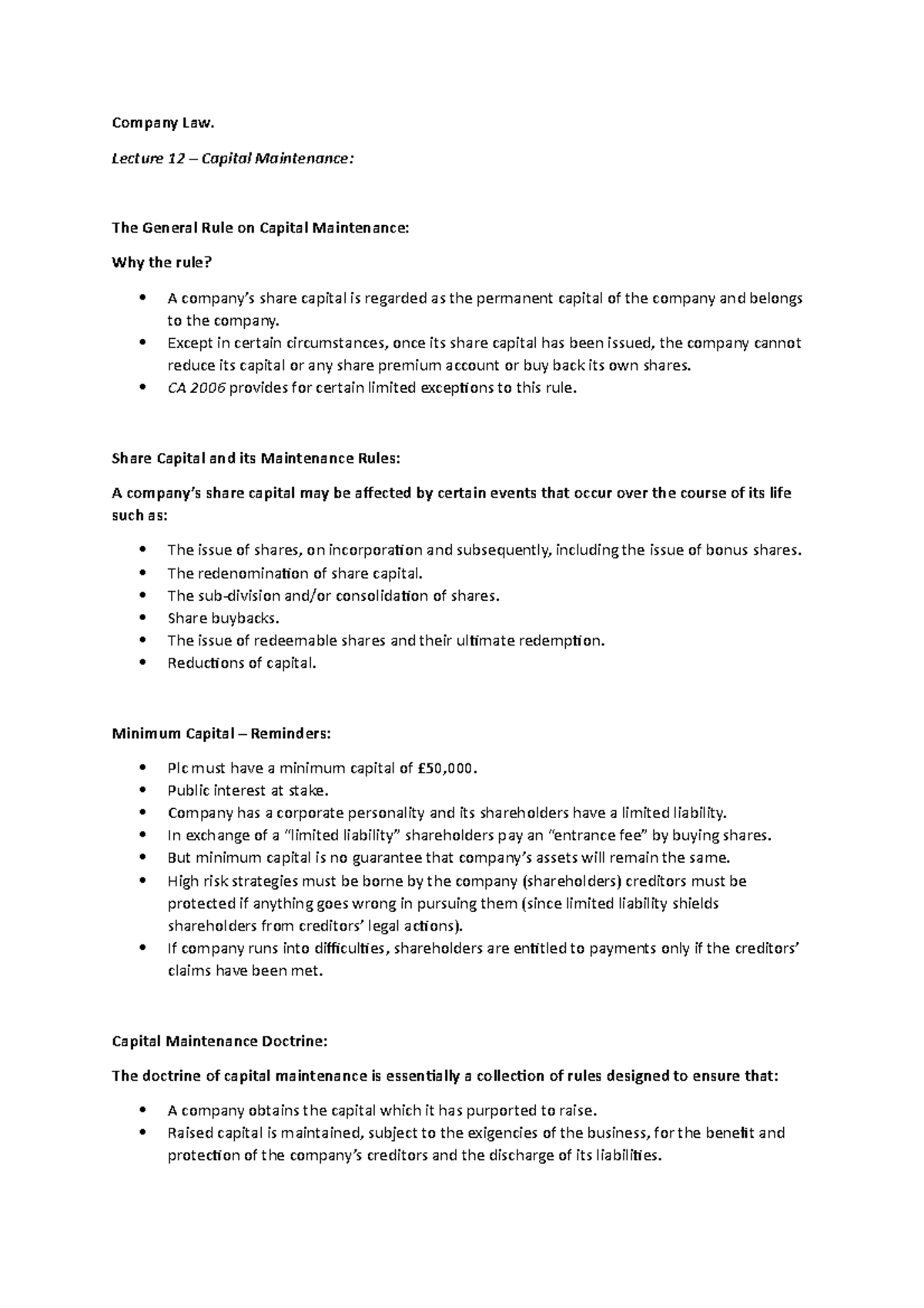 Company Law - Capital Maintenance - Company Law. Lecture 12 – Capital ...