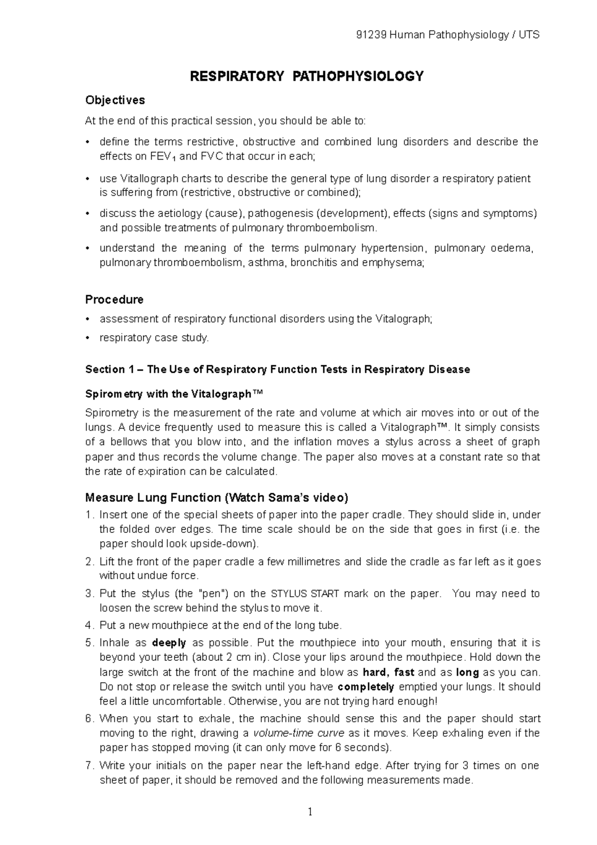 Week 7 worksheet - Respiratory pathophysiology practical material week ...