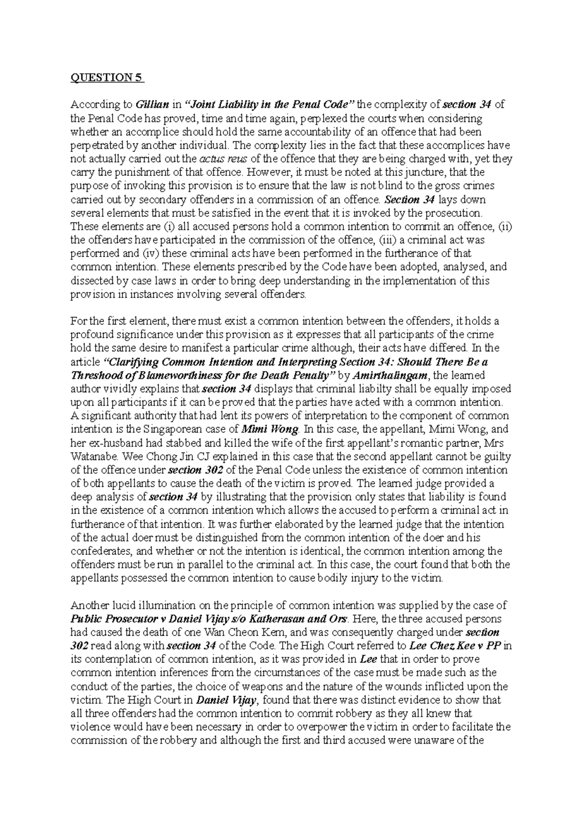 Section 34 Of The Penal Code In Joint Liability Offences QUESTION 5