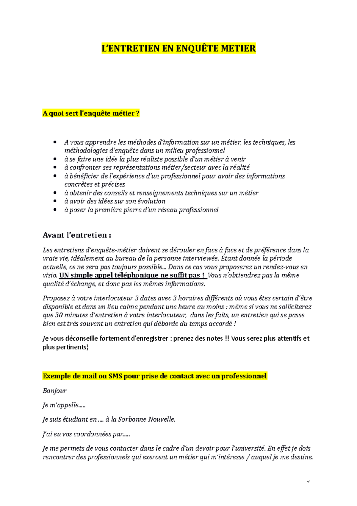 Fiche lentretien. Pour dossier - L’ENTRETIEN EN ENQUÊTE METIER A quoi sert l’enquête métier? A ...