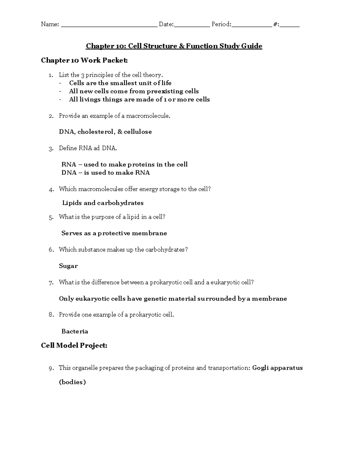 Chapter 10 Cell Structure Study Guide - Answers - Name ...