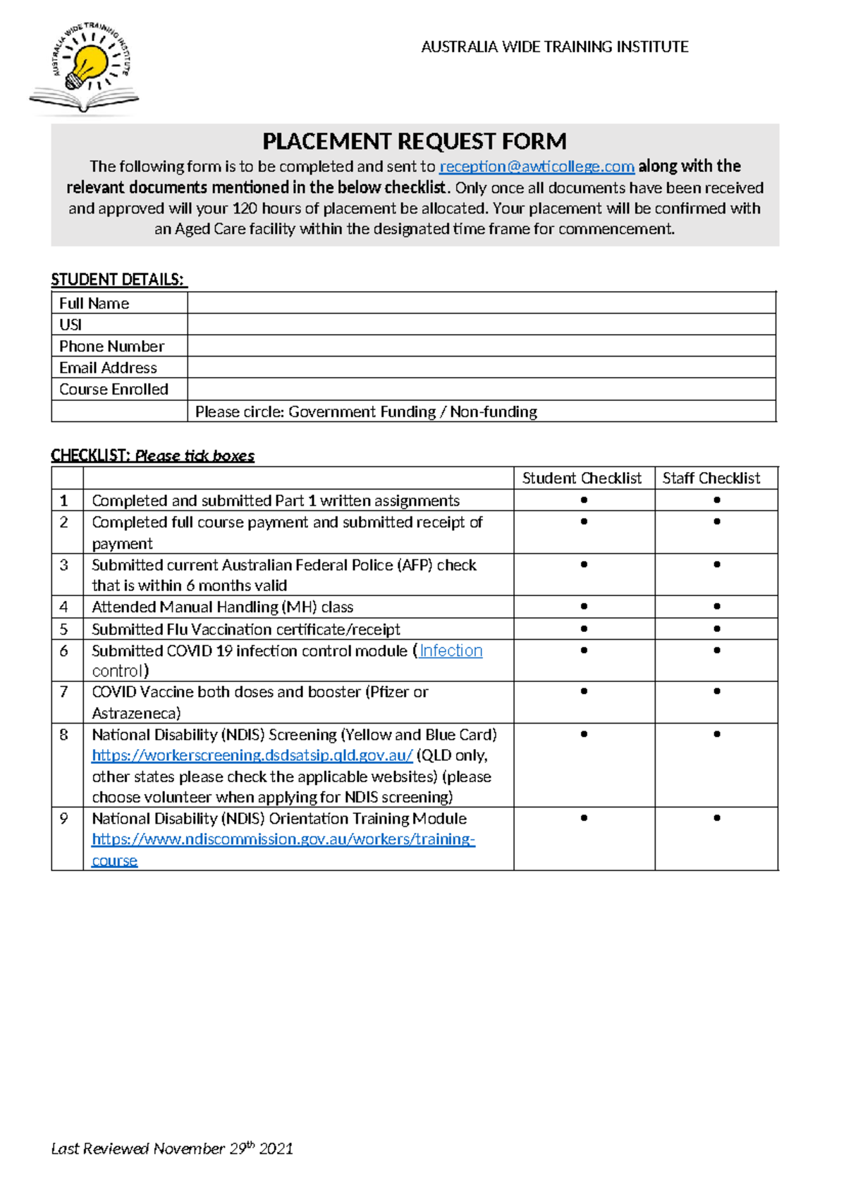 Placement Request FORM - AUSTRALIA WIDE TRAINING INSTITUTE PLACEMENT ...