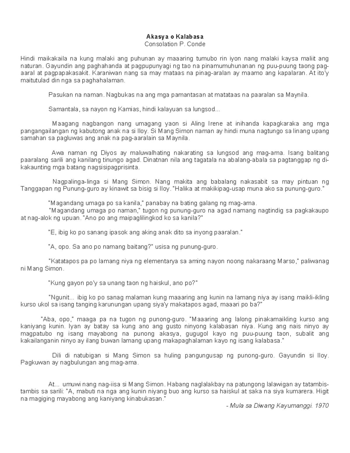 Akasya O Kalabasa - reading - Akasya o Kalabasa Consolation P. Conde ...