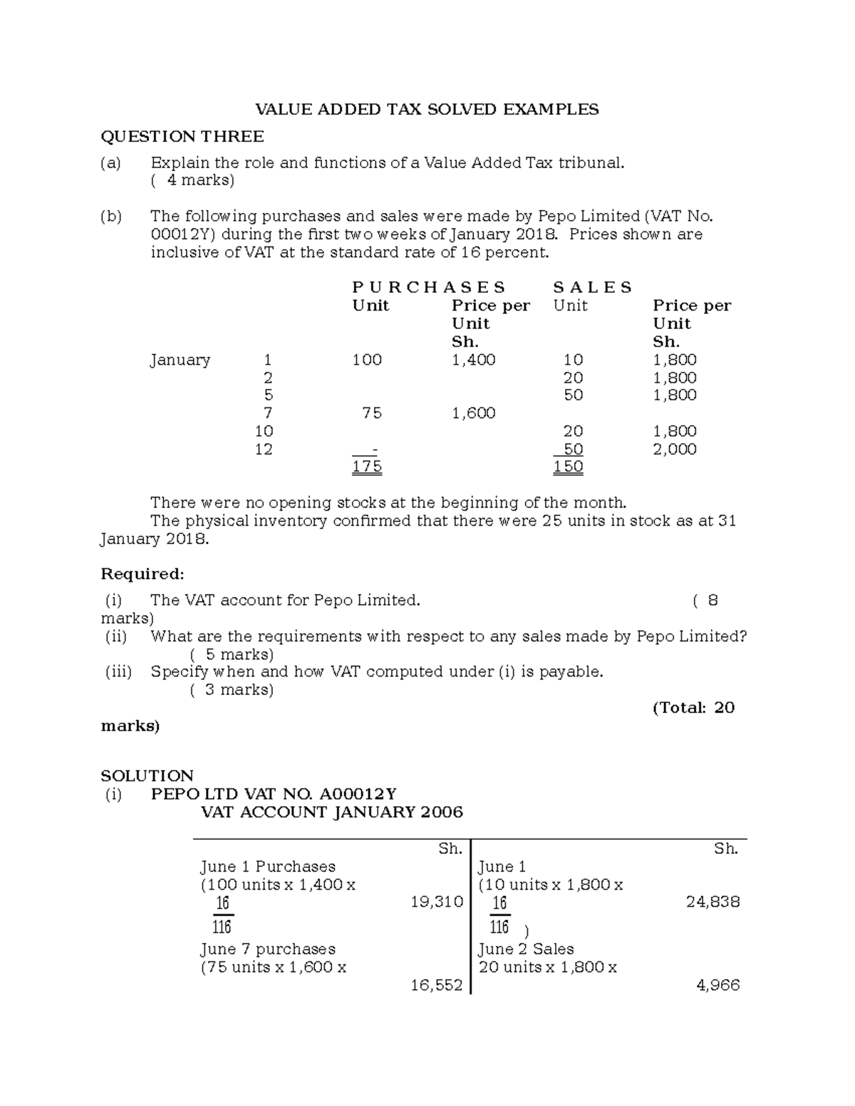 Vat Solved Examples Selected Lecture Notes Value Added Tax Solved Examples Question Three A