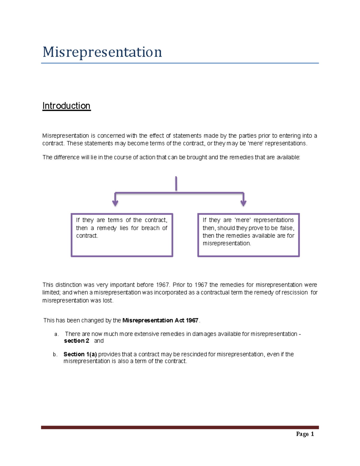 Misrepresentation Lecture Notes If They Are Terms Of The Contract Then A Remedy Lies For