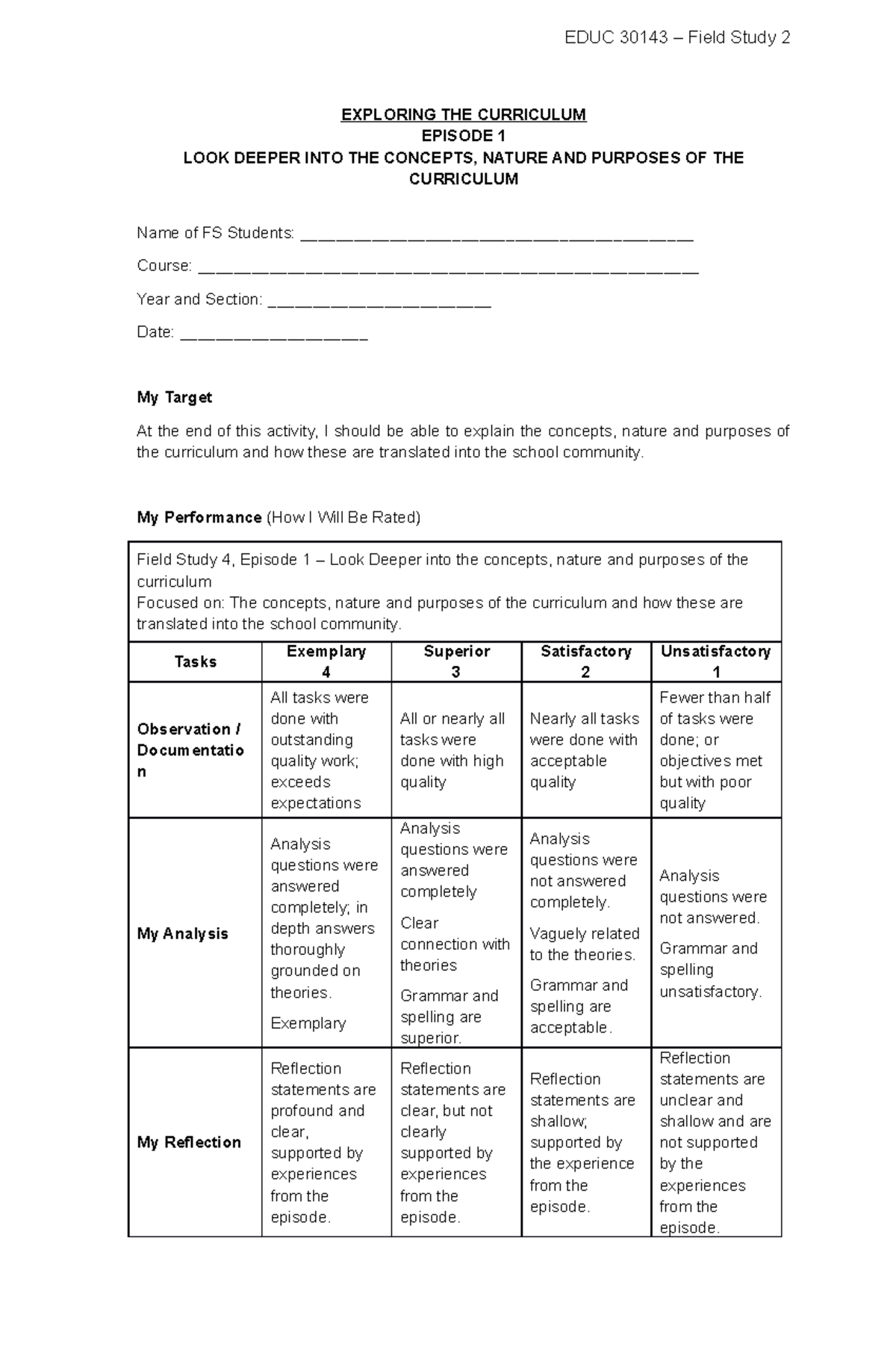 Field Study 2-Worksheet - EXPLORING THE CURRICULUM EPISODE 1 LOOK ...