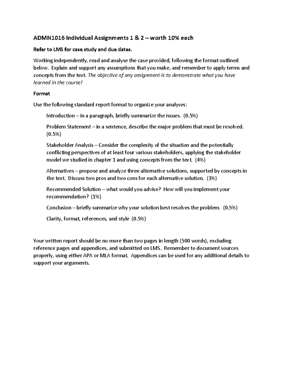 Assignments 1 2 - Information of assignment - ADMN1016 Individual Assignments 1 & 2 – worth 10% ...