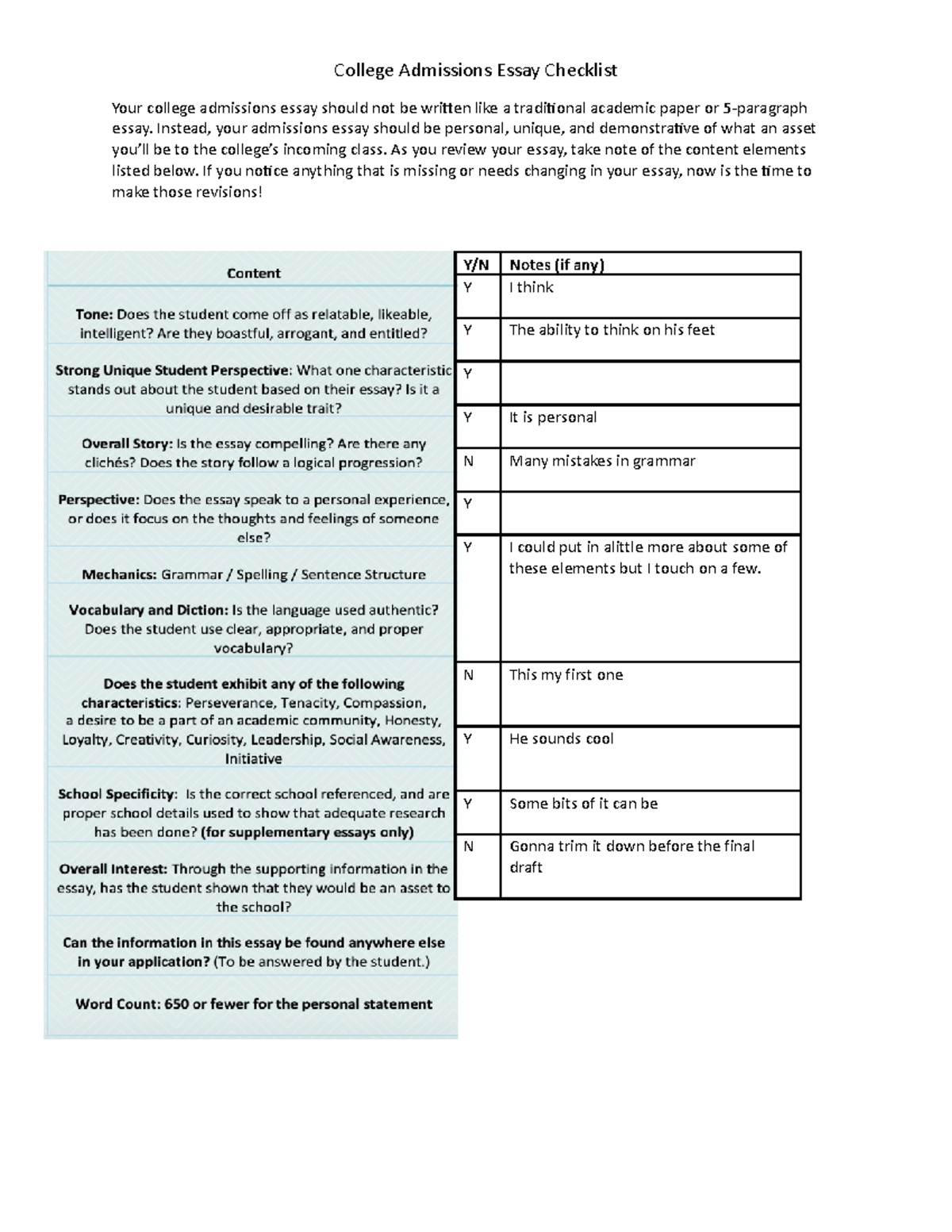 College Admissions Essay Checklist - Instead, your admissions essay ...