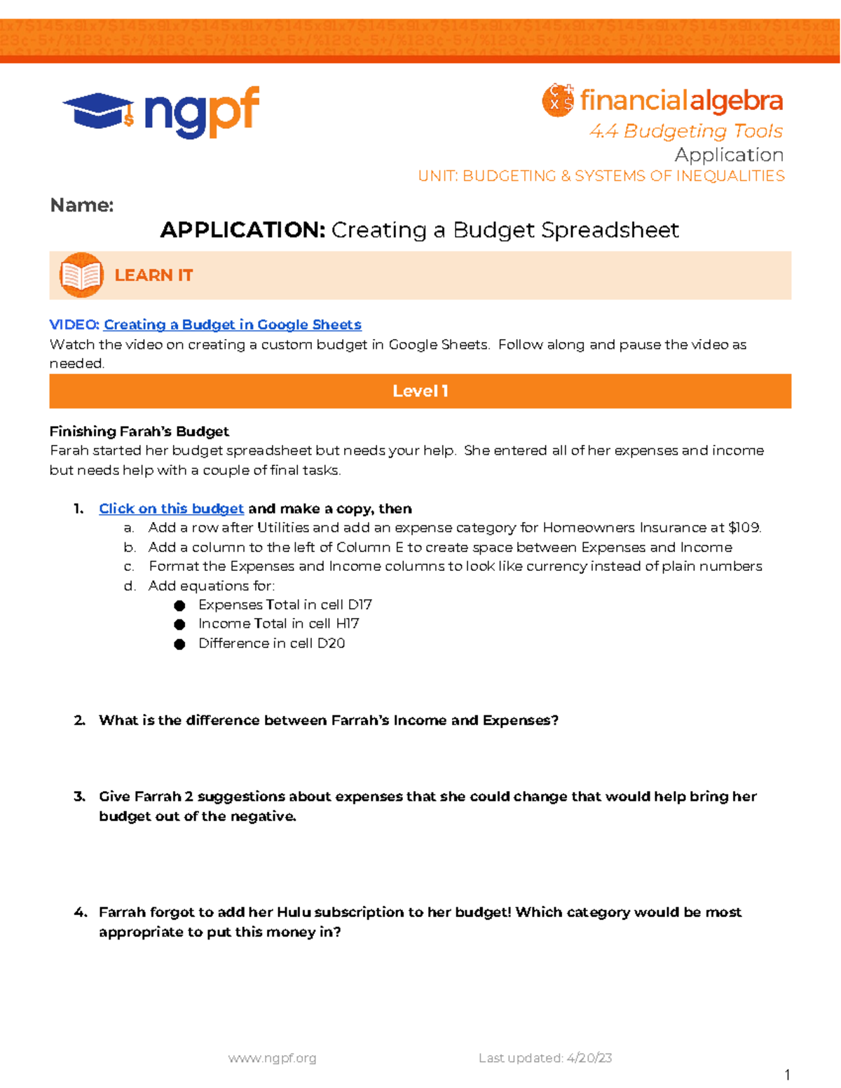 quiz 1 for econ - 4 Budgeting Tools Application UNIT: BUDGETING ...