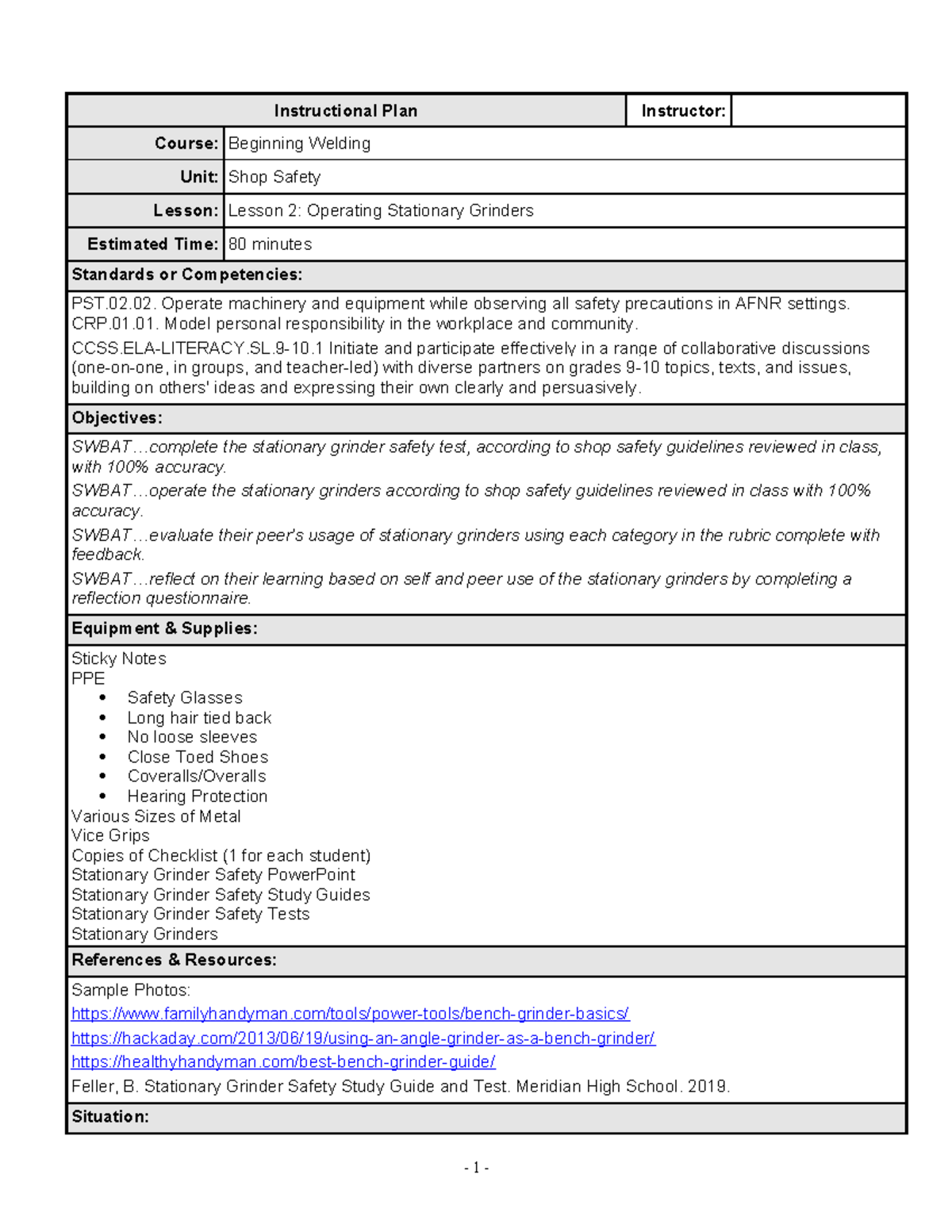 Grinder Safety Lesson Plan - Instructional Plan Instructor: Course ...