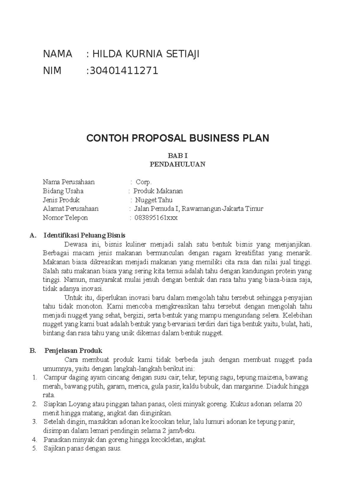 Contoh Proposal Business PLAN - NAMA : HILDA KURNIA SETIAJI NIM ...