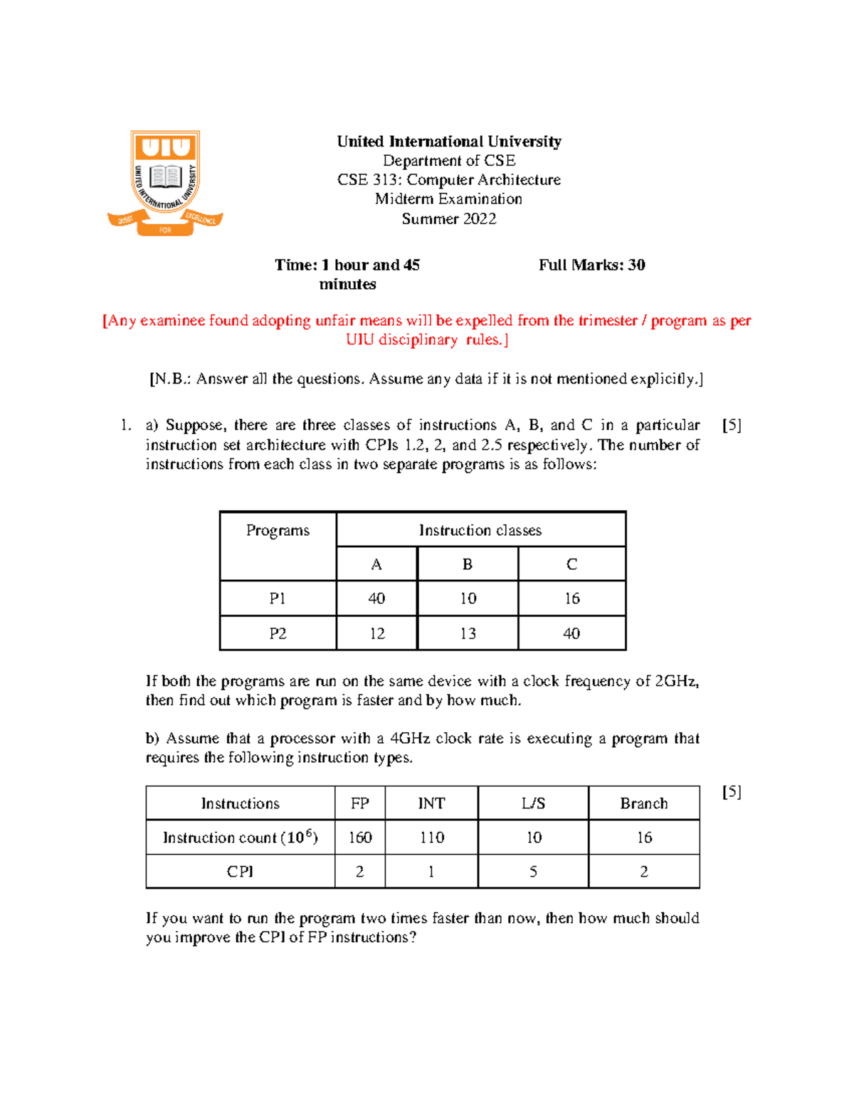 CSE 313 Midterm Summer 2022 question - United International University Department of CSE CSE 313 ...