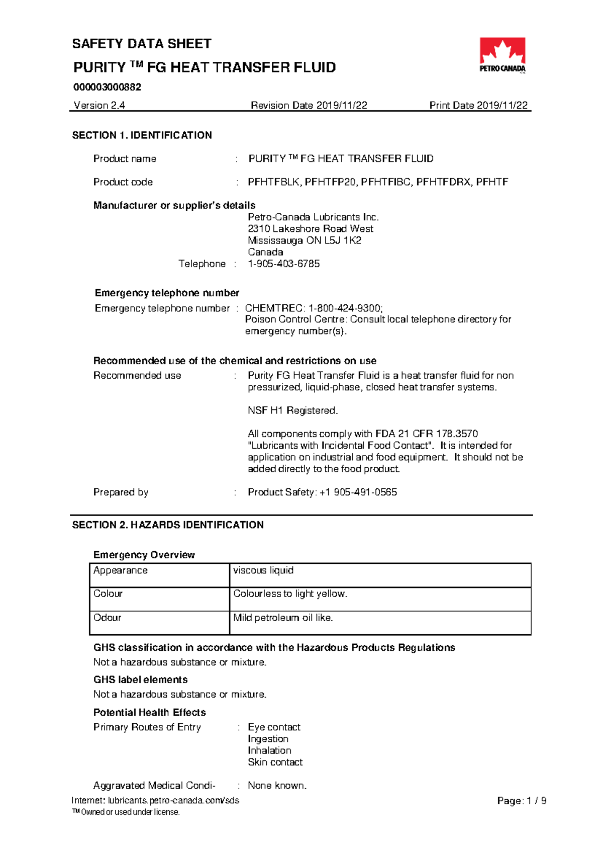 Purity FG HEAT TRF Fluid 2019 Petro Canada - PURITY TM FG HEAT TRANSFER ...
