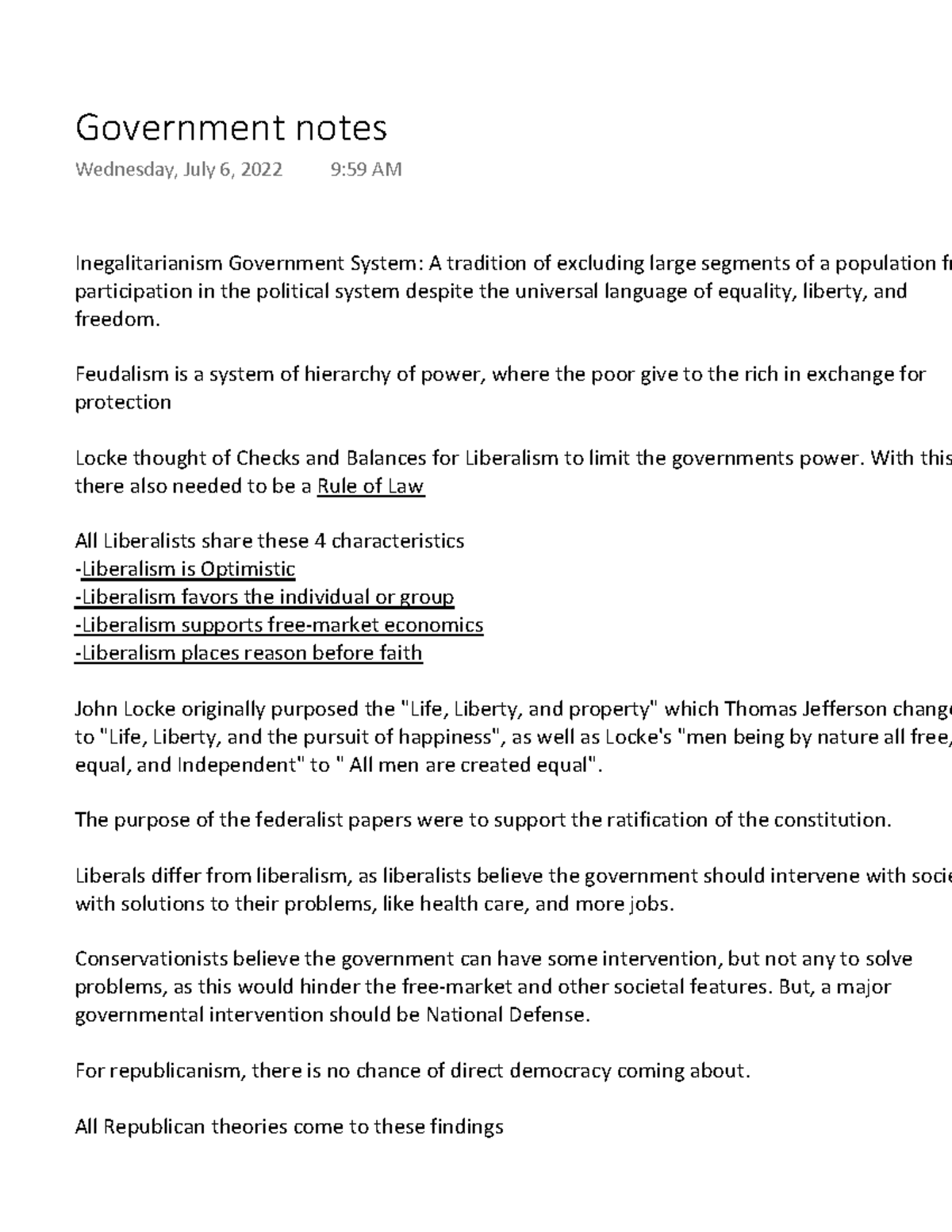 Government notes - Inegalitarianism Government System: A tradition of ...