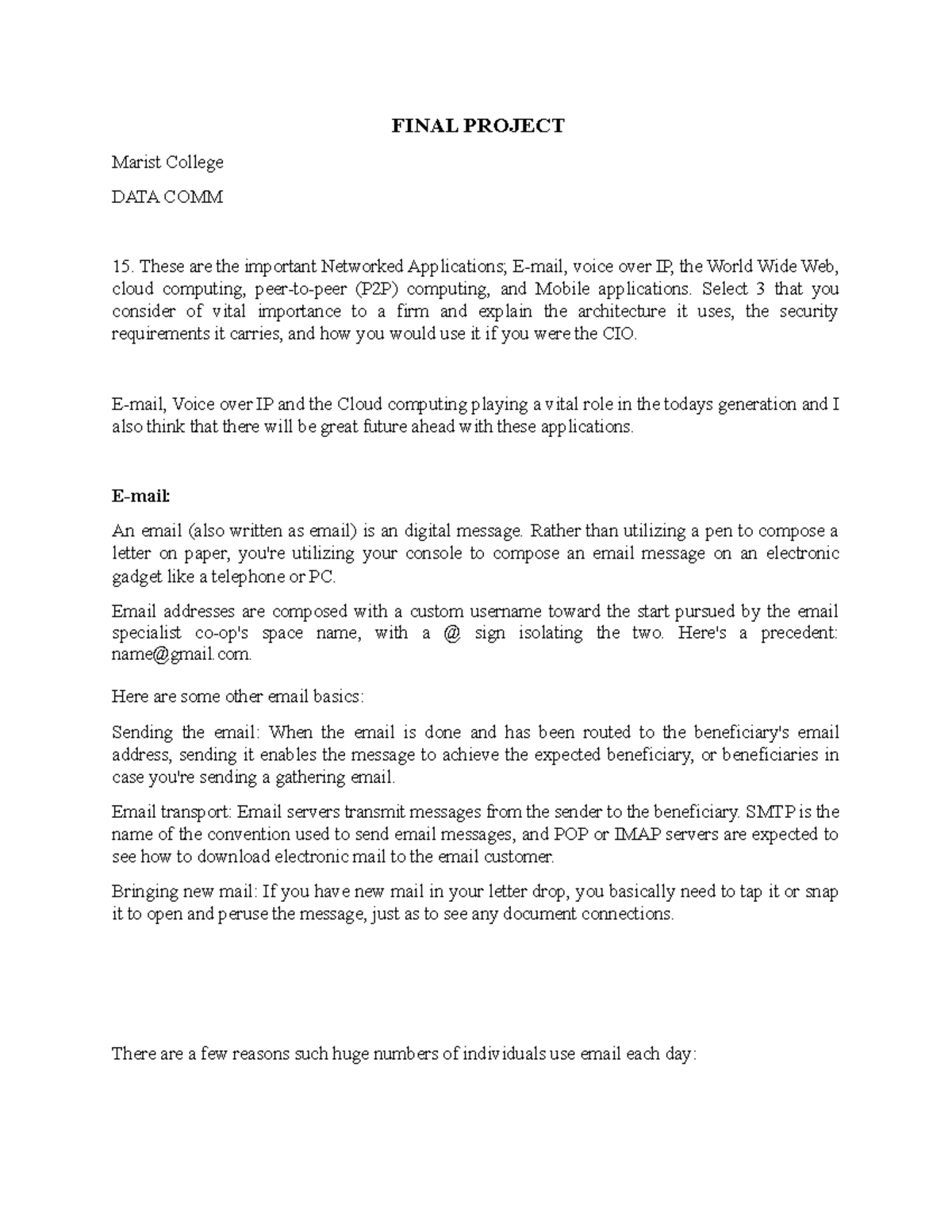 Final Project 15 - FINAL PROJECT Marist College DATA COMM These are the ...