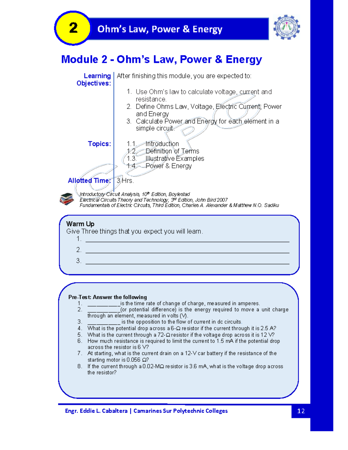 Module 2- Ohms Law, Power Energy - Module 2 - Ohm’s Law, Power & Energy ...