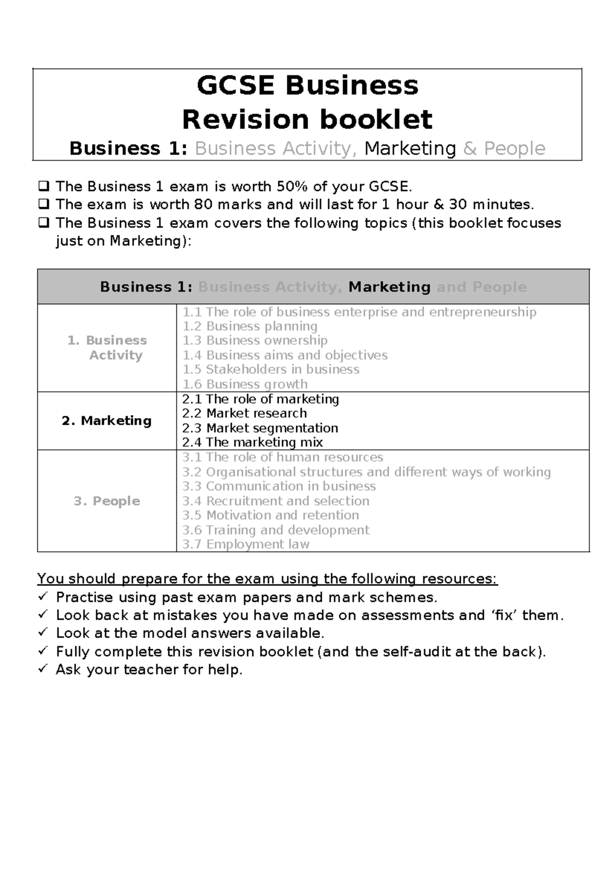 Unit 2 Revision Booklet 1 - GCSE Business Revision booklet Business 1 ...