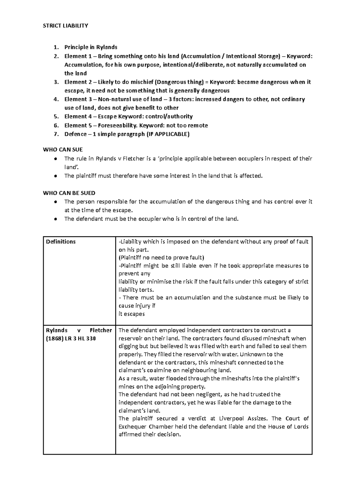 Strict Liability - notes.docx - 1. Principle in Rylands 2. Element 1 ...