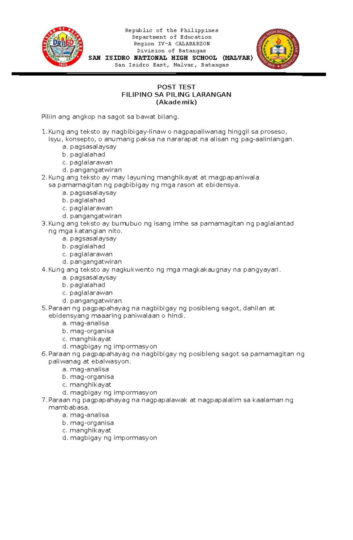 POST TEST Filipino SA Piling Larangan Ak - POST TEST FILIPINO SA PILING ...