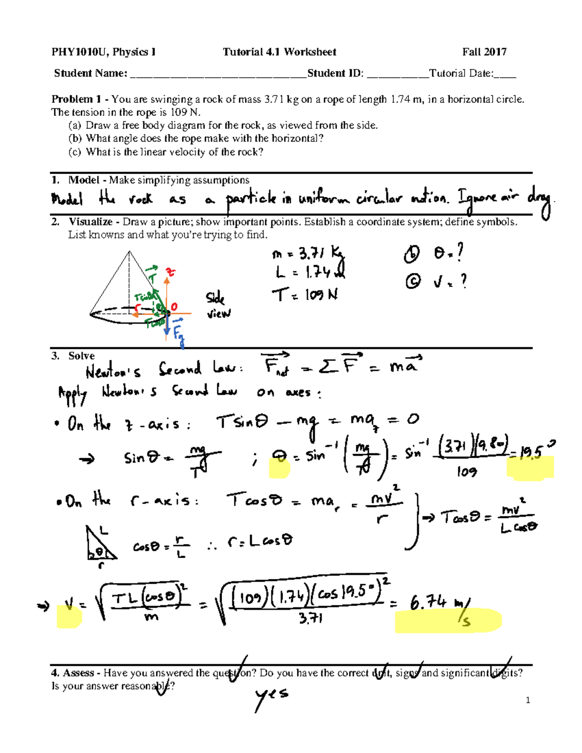 Phyics - Solutions to the Fourth Tutorial - PHY1010U, Physics I Tutorial 4 Worksheet Fall 2017 ...