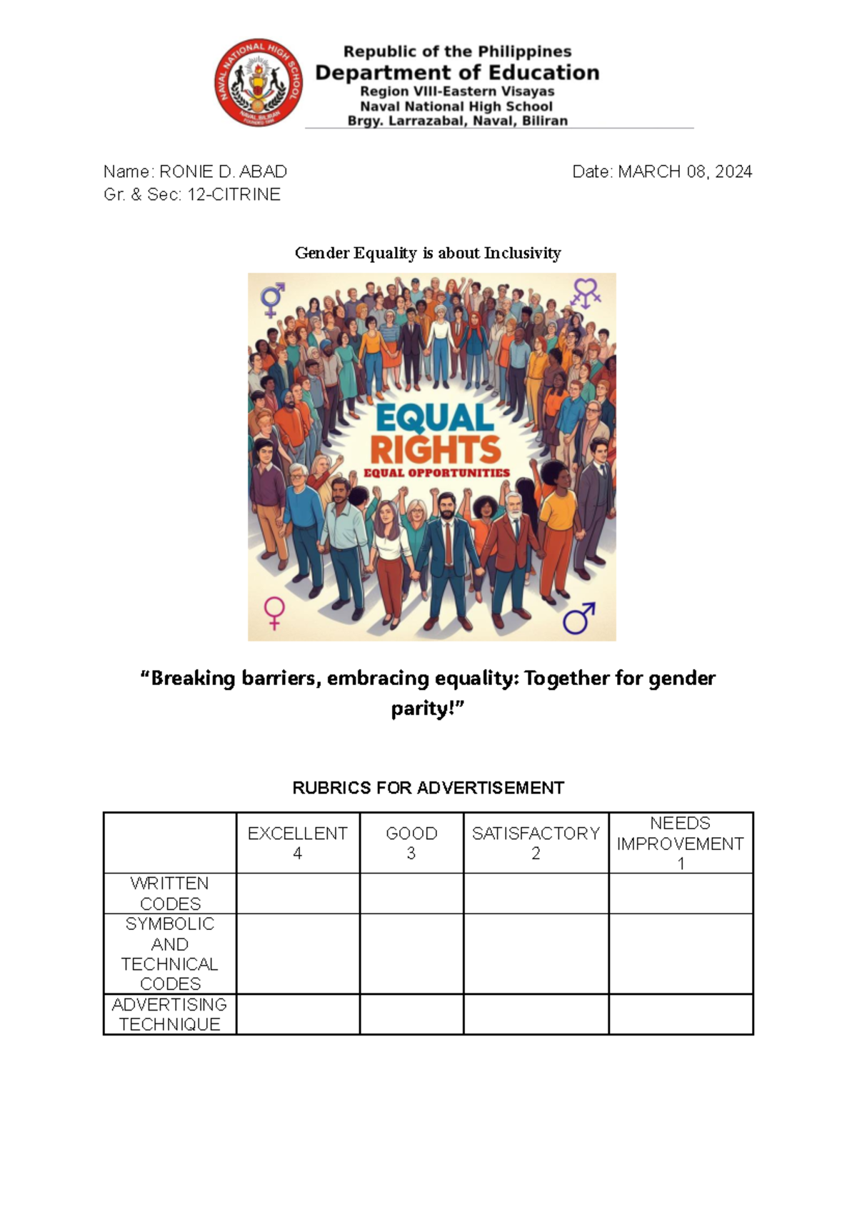 Gender equality - My guide for the subject - General Education - Name ...