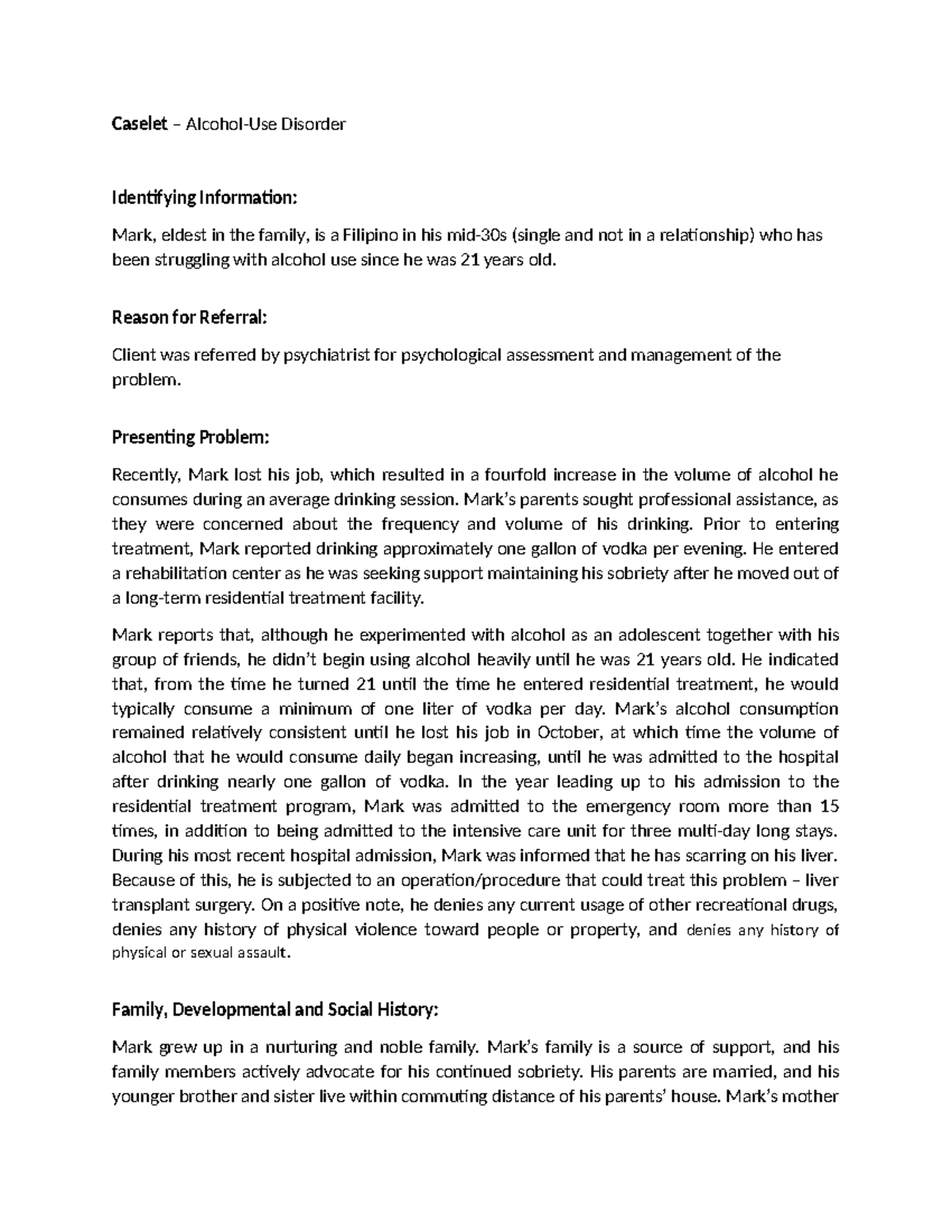 Case report - Caselet – Alcohol-Use Disorder Identifying Information ...