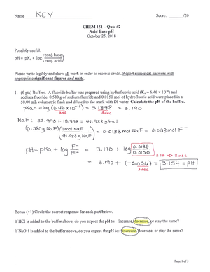 Exam #4 - KEY - Answer Key - Name: KEY CHEMISTRY 151 Exam 100 points December 6, 2018 - Studocu