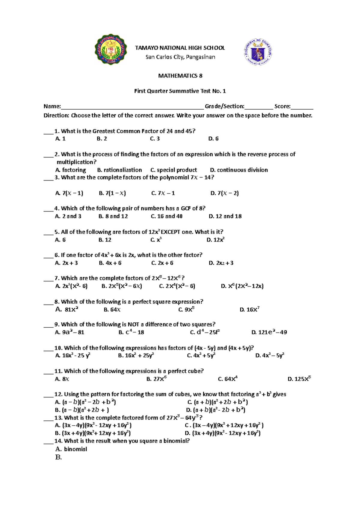 1 MATH 8 Summative TEST 2021 2022 TAMAYO NATIONAL HIGH SCHOOL San